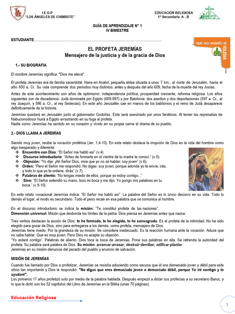 Guía 1 de Aprendizaje - IV Bimestre El Profeta Jeremías | PDF ...