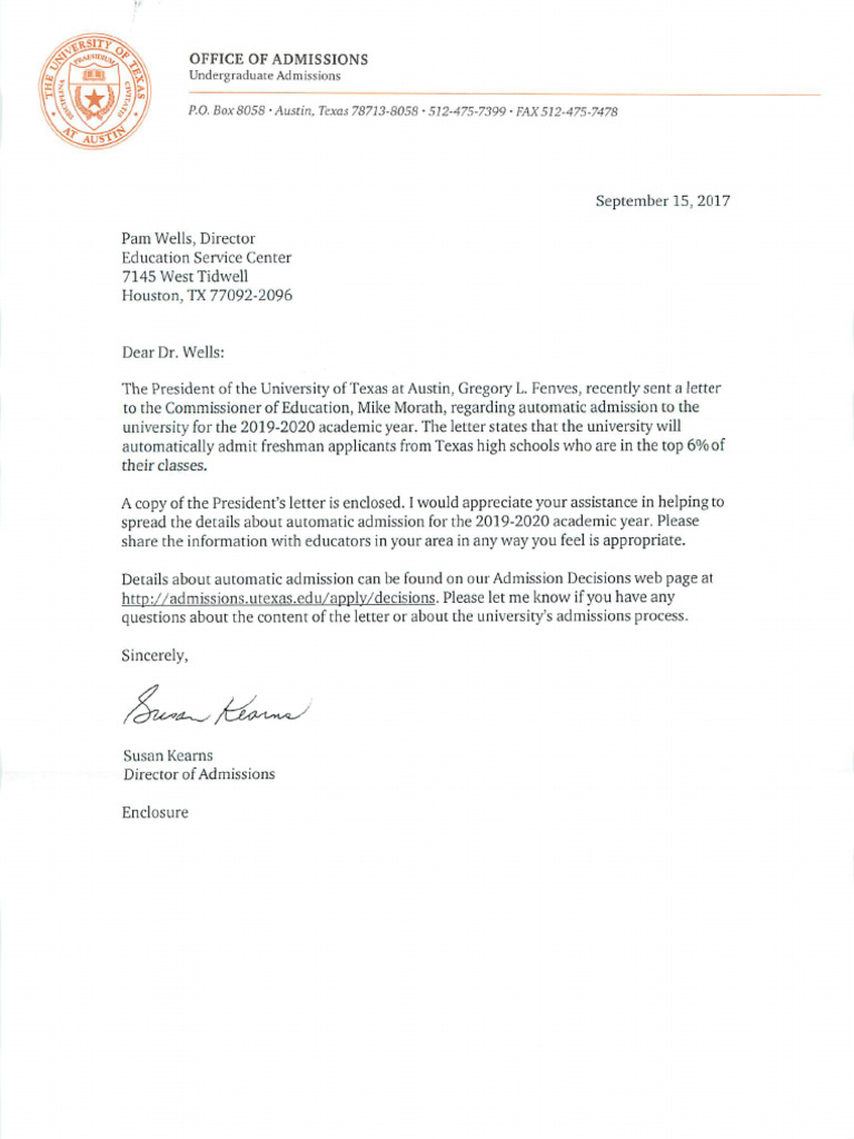 University of Texas Student Acceptance Letter | PDF