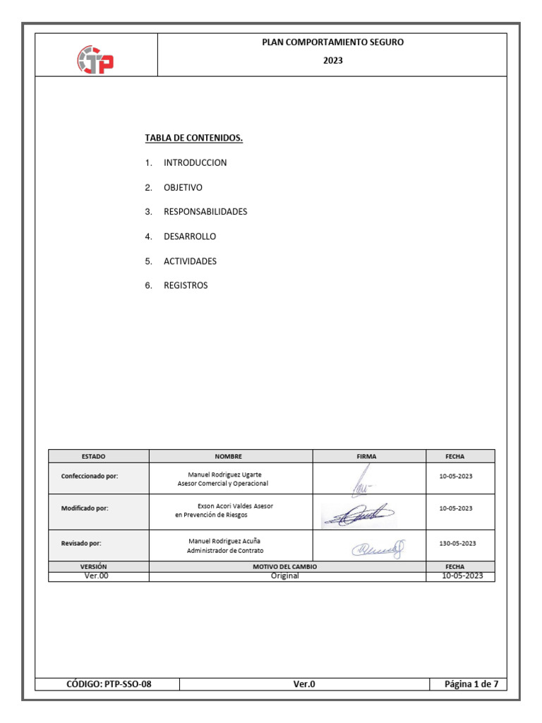 Prtp-Sso-08 Plan Comportamiento Seguro | PDF