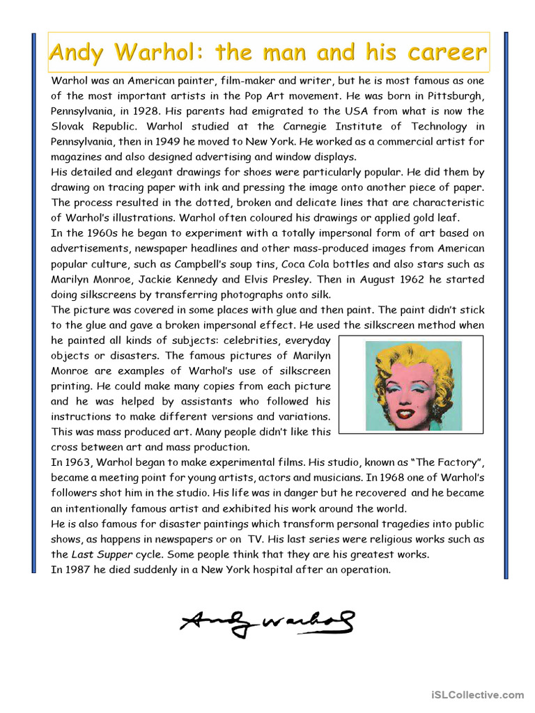Andy Warhol - Reading Comprehension & Writing | PDF | Andy Warhol | The ...