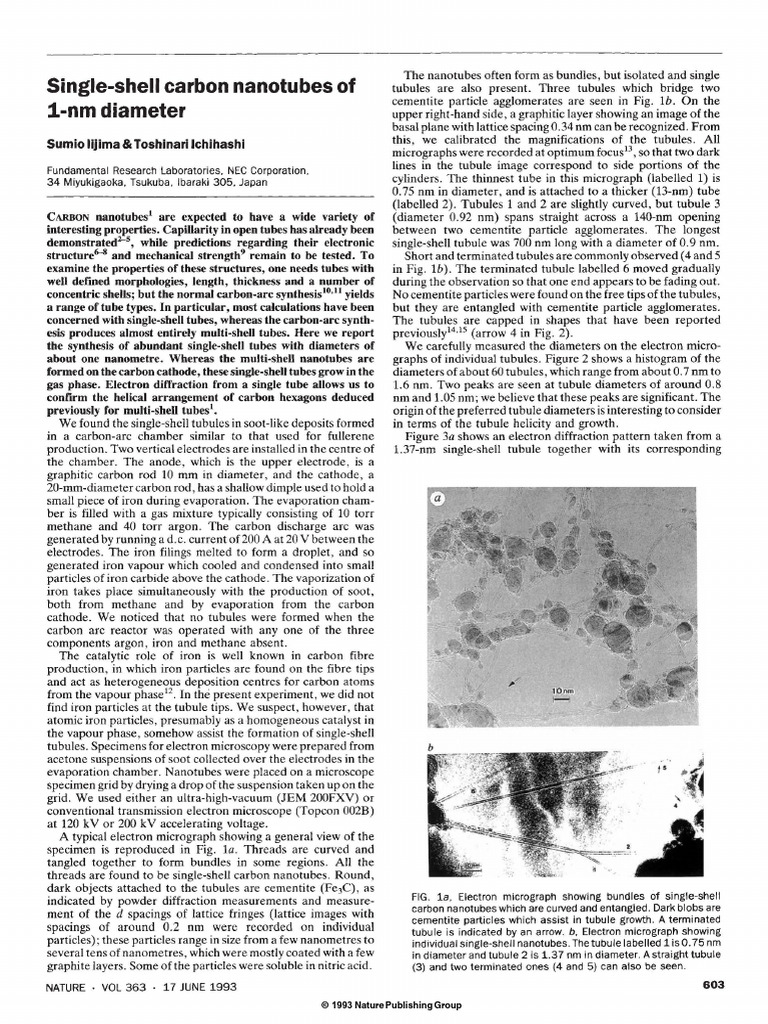 1993-Sumio Iijima & Toshinari Ichihashi-Nature-carbon nanotubes碳纳米管 | PDF