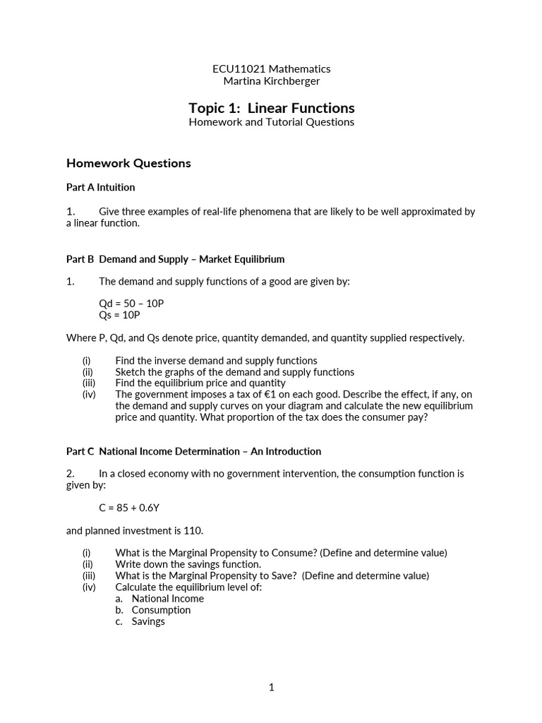 ECU11021 2023-2024 Topic 1 Linear Functions - Homework and Tutorial ...