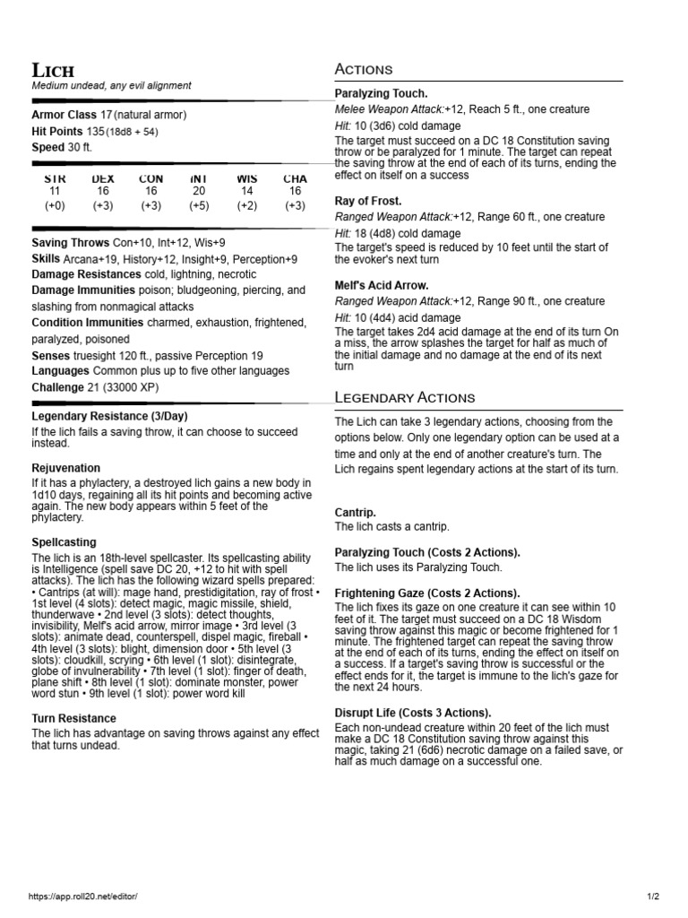 Lich Stat | PDF | Dungeons & Dragons | Gary Gygax Games