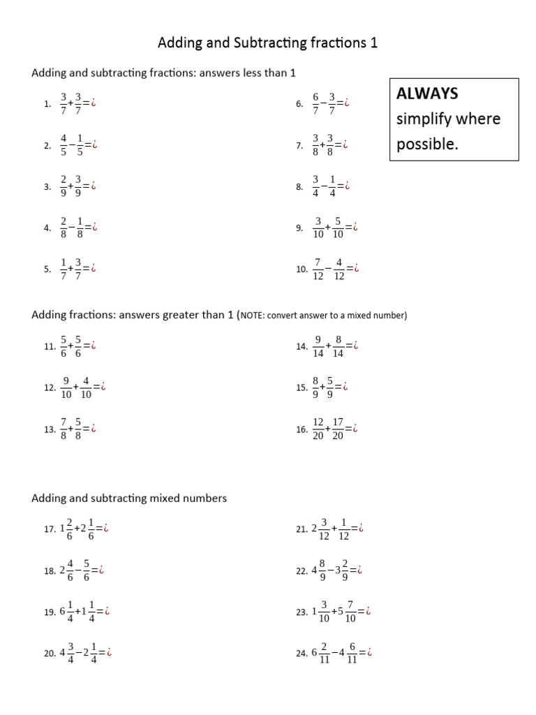 Adding and Subtracting Fractions Homework | PDF | Division (Mathematics ...