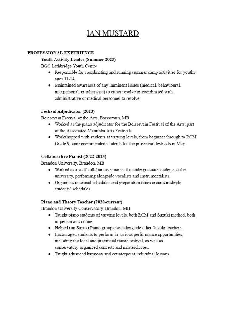 Ian Mustard - CV Without References For Digital Portfolio 1 | PDF | Performing Arts | Entertainment