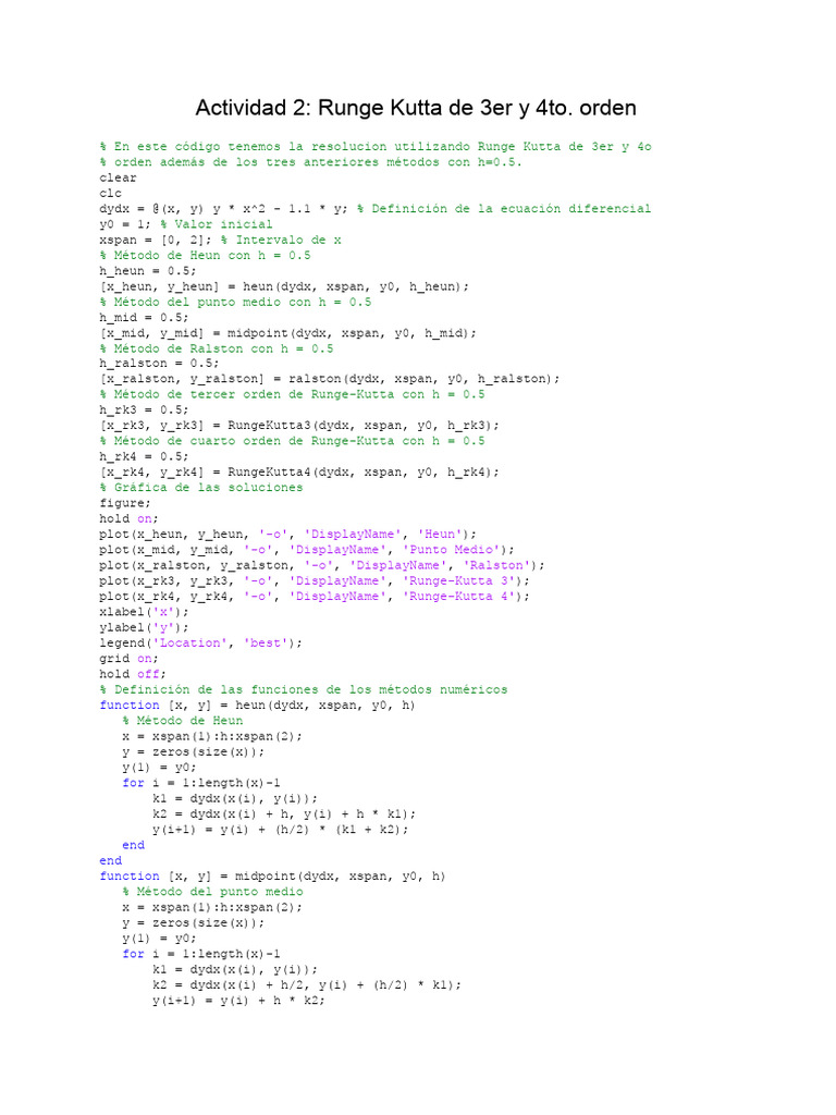 Actividad 2 - Runge Kutta de 3er y 4to. Orden | PDF | Análisis numérico ...