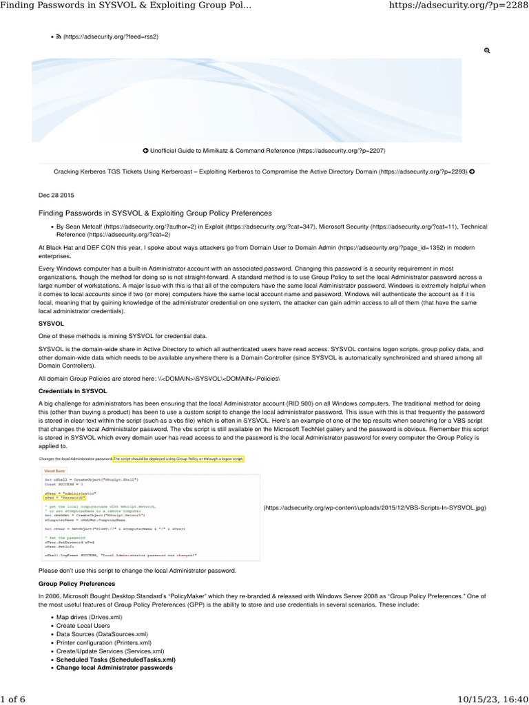 Finding Passwords in SYSVOL & Exploiting Group Policy Preferences - Active Directory Security | PDF