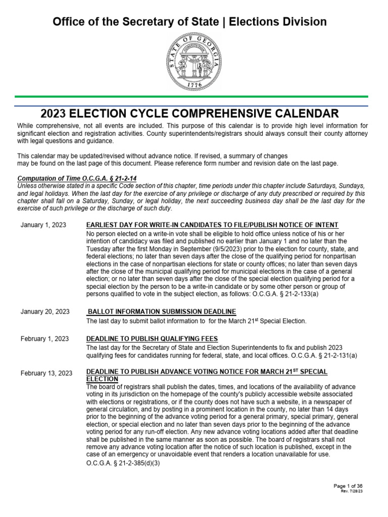 2023 Election Cycle Comprehensive Calendar | PDF | Absentee Ballot ...