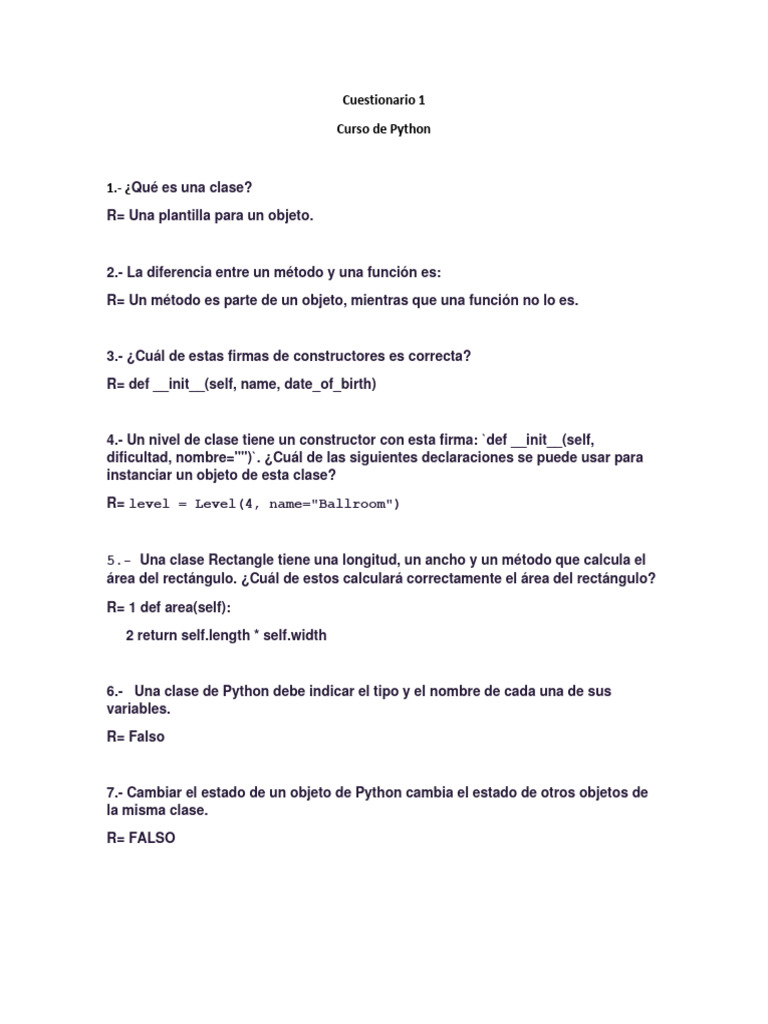 Cuestionario 1 Curso de Python | PDF Cuestionario 1 Curso de Python | PDF