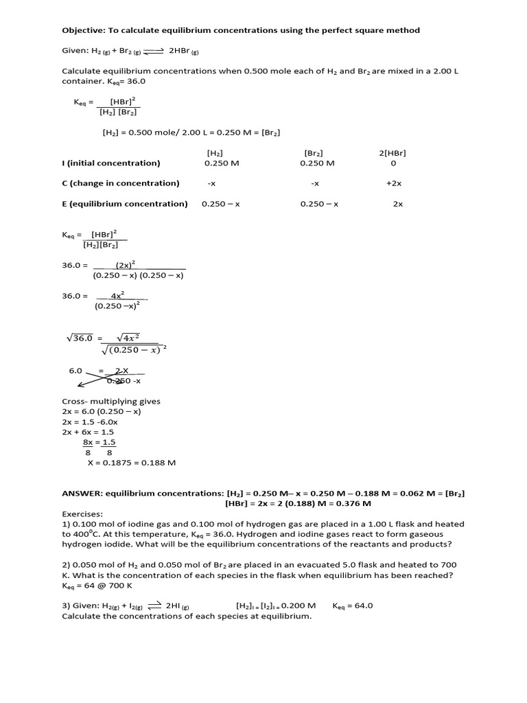 CALCULATING EQUILIBRIUM CONCentrations Using The Perfect Square Method | PDF