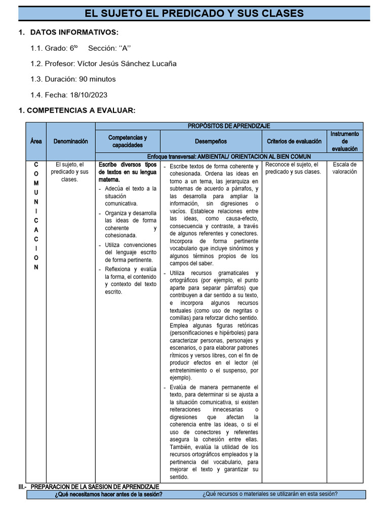 EL SUJETO EL PREDICADO Y SUS CLASES Comunicacion | PDF | Asunto ...
