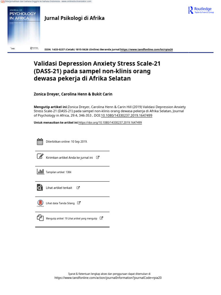 Validasi DASS-21 pada Pekerja Afrika Selatan | PDF
