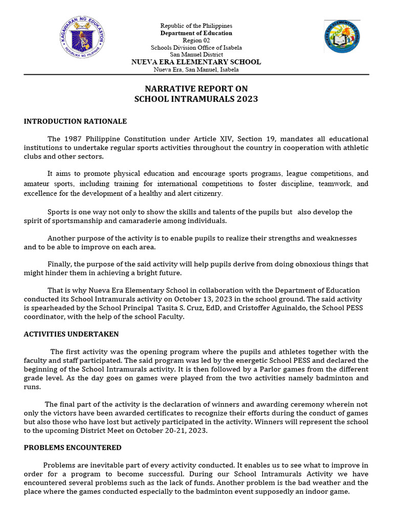 Nees School Intramurals Narrative Report | PDF