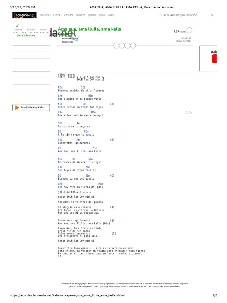 AMA SUA, AMA LLULLA, AMA KELLA, Kalamarka_ Acordes | PDF