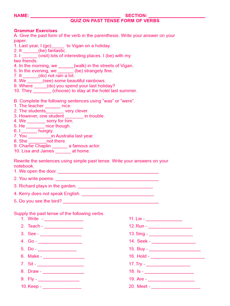 Quiz On Past Tense | PDF