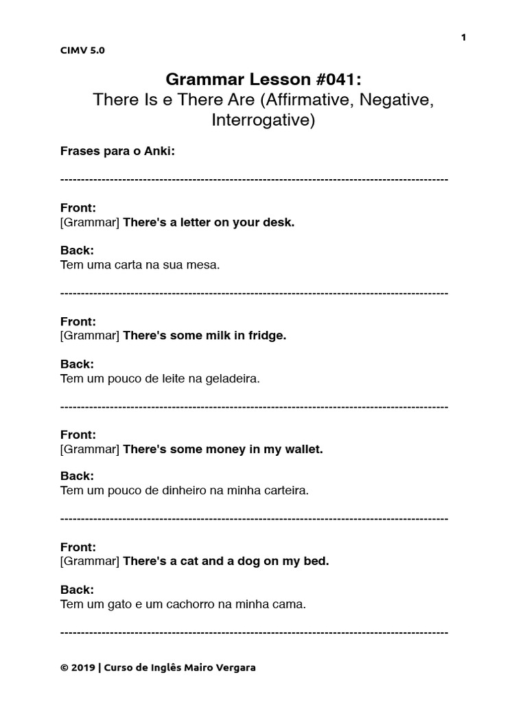 PDF Grammar Lesson 041 There Is e There Are (Affirmative, Negative ...