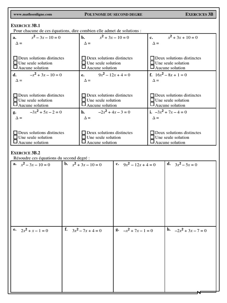 Chap 01 - Ex 3B - Résolutions D'équations Du Second Degré - CORRIGE | PDF | Objets mathématiques ...