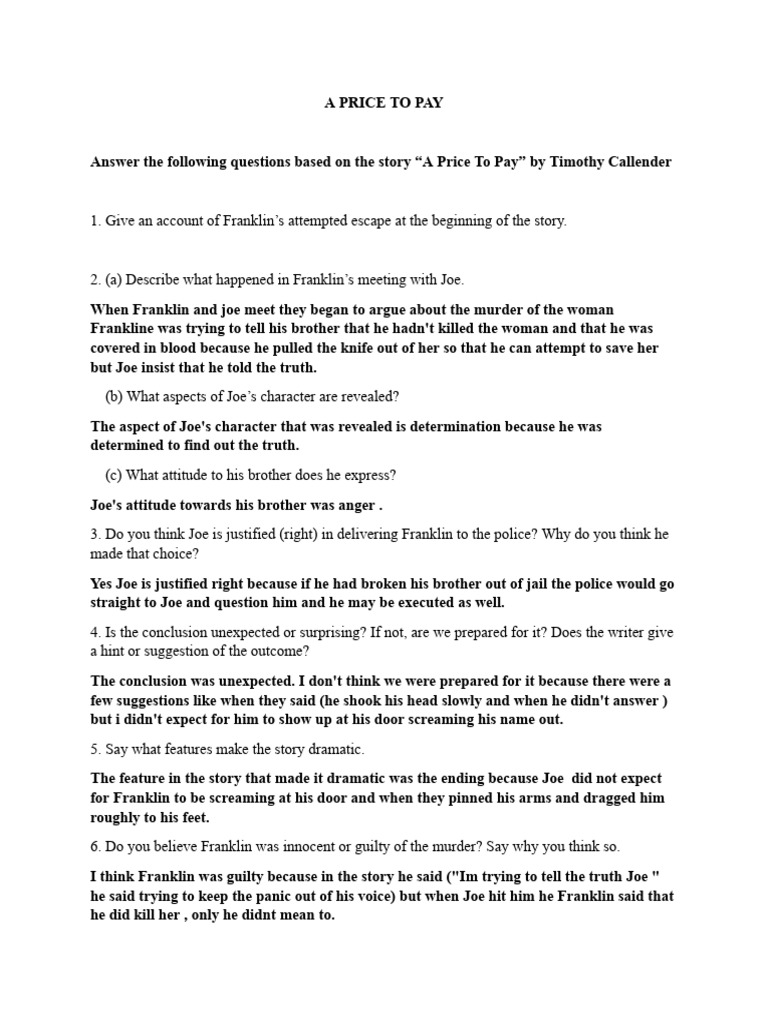 Answers To A PRICE TO PAY - QUESTIONS | PDF