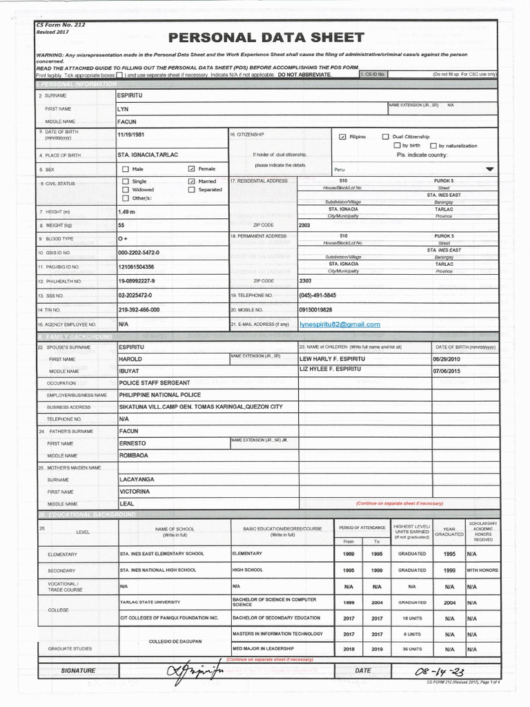 Personal Data Sheet | PDF