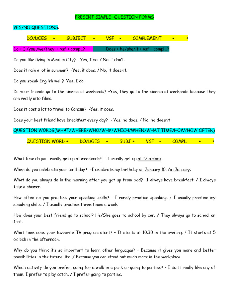 PRESENT SIMPLE Question Forms | PDF