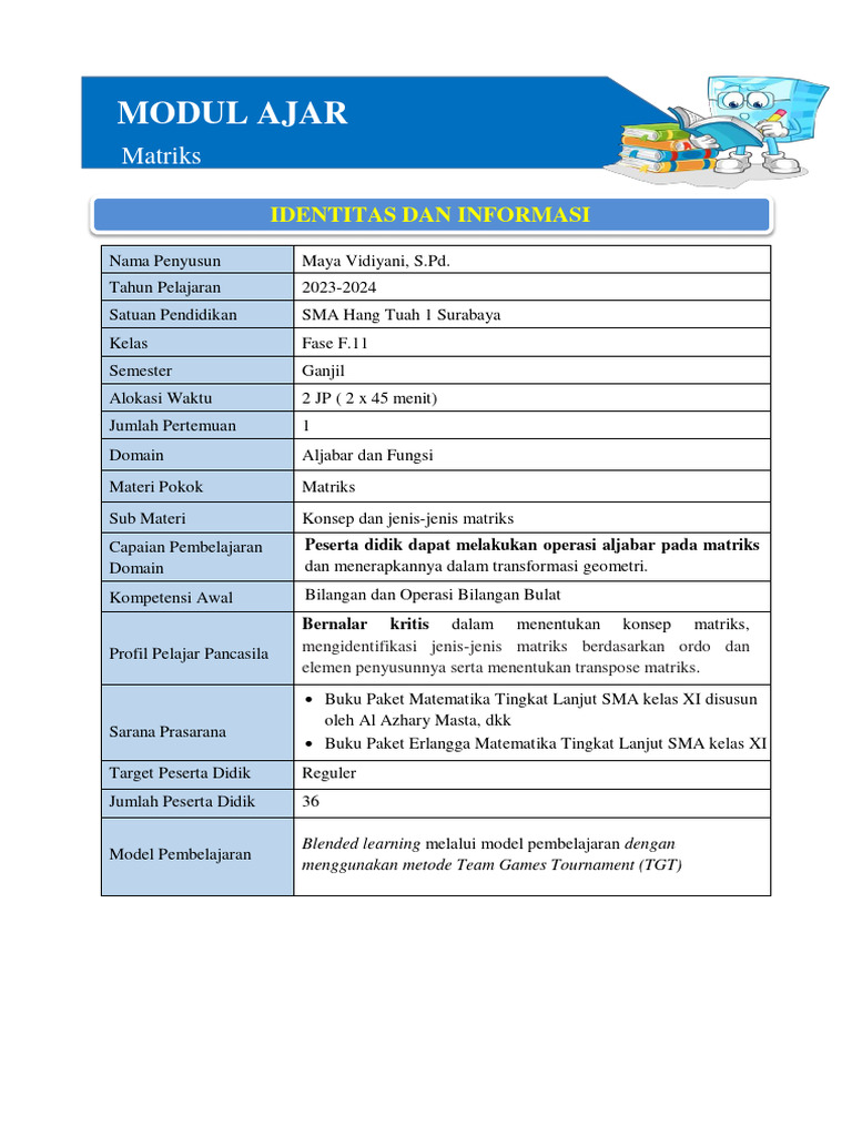 Modul Ajar Matriks Fase f.11 - Pertemuan 1 | PDF