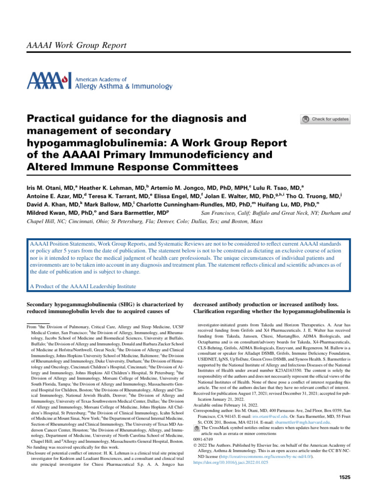 Practical Guidance For The Diagnosis and Management of Secondary Hypogammaglobulinemia - A Work ...