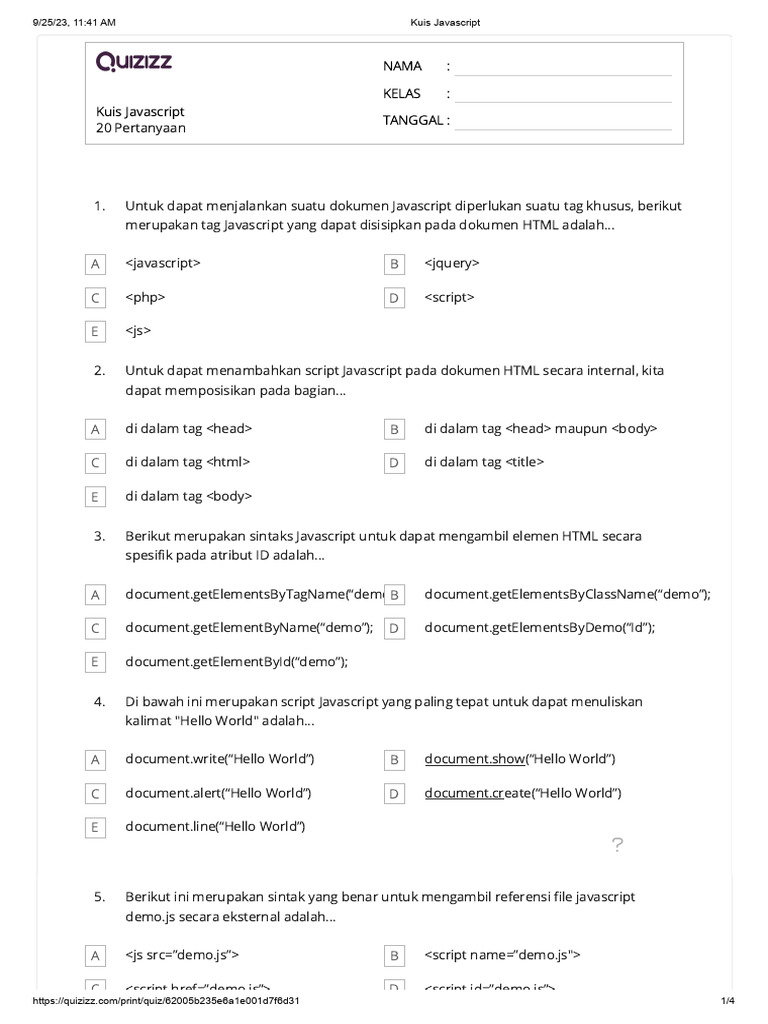 Kuis Javascript Kelas 12 | PDF