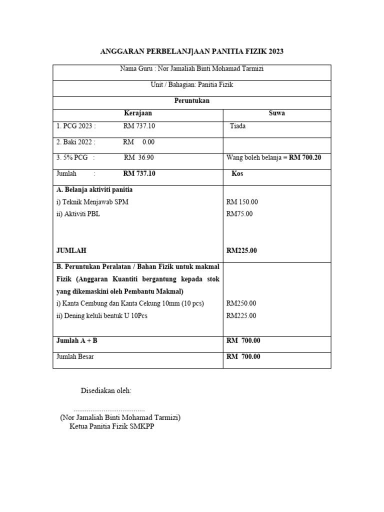 Anggaran Belanjawan Panitia Fizik 2023 | PDF