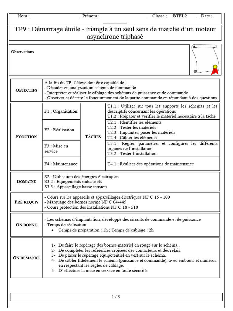 TP5 Un Sens de Marche - Démarrage Étoile - Triangle | PDF