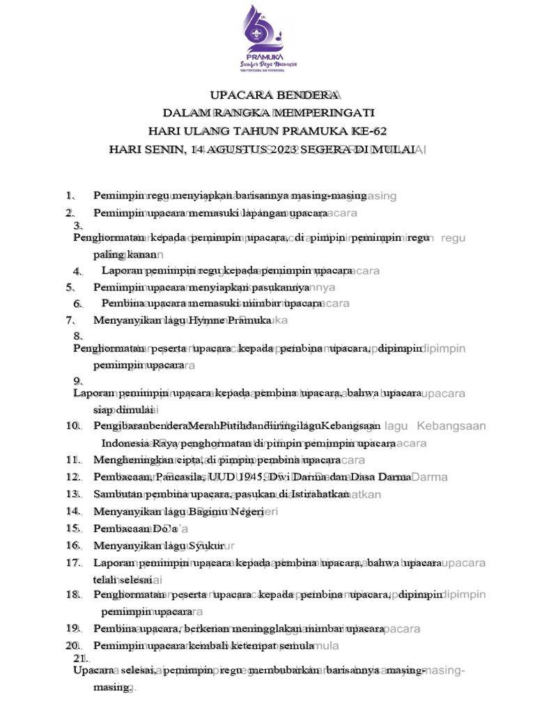 Teks Protokol Upacara Hut Pramuka Ke 62 THN 2023 | PDF | Kajian Bahasa Asing | Seni