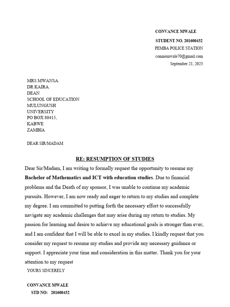 Sample Resumption Letter After Deferment | PDF