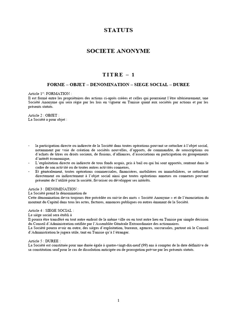 Statuts d'une Société Anonyme en Tunisie | PDF | Action (Finance ...
