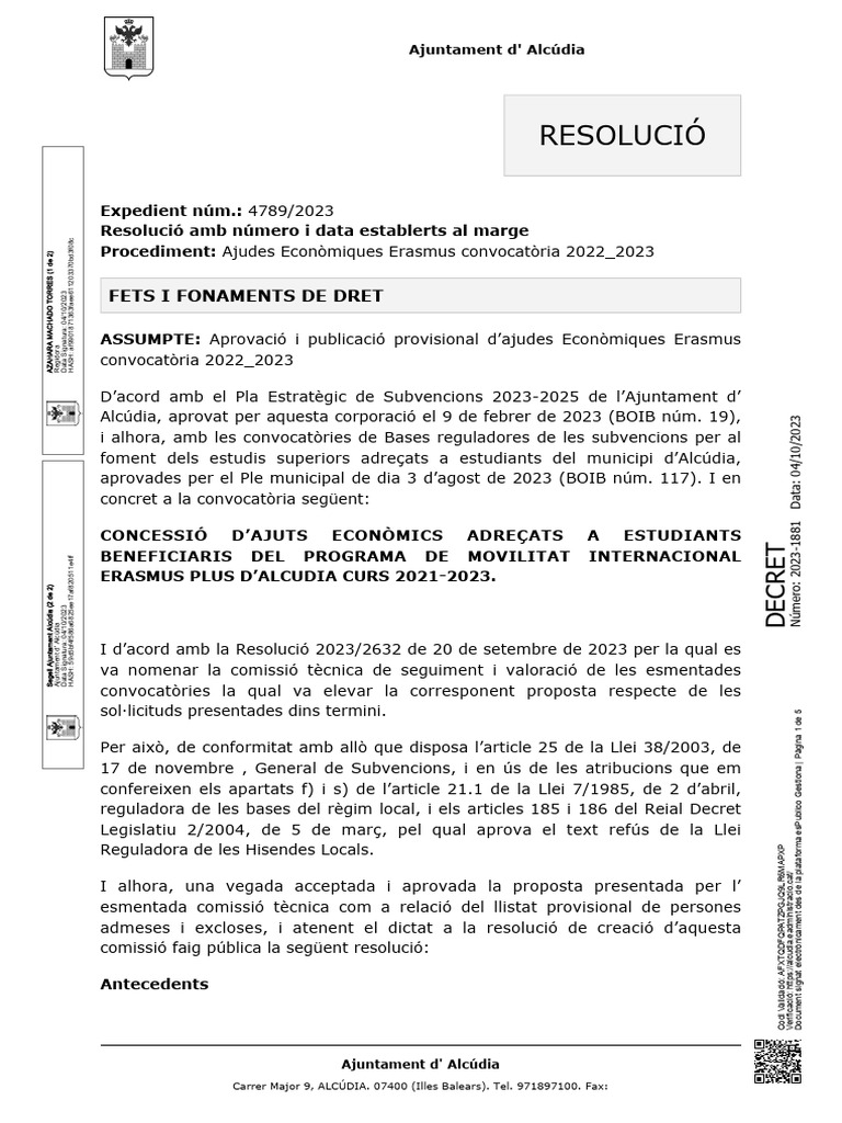 Resolució - DECRET 2023-1881 (Resolució PR - 2023 - 2915 - Actuació Genèrica Sense Proposta) | PDF