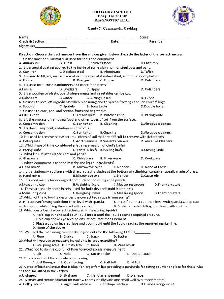 DIAGNOSTIC TEST Grd7-Commercial Cooking | PDF | Kitchen | Cookware And ...