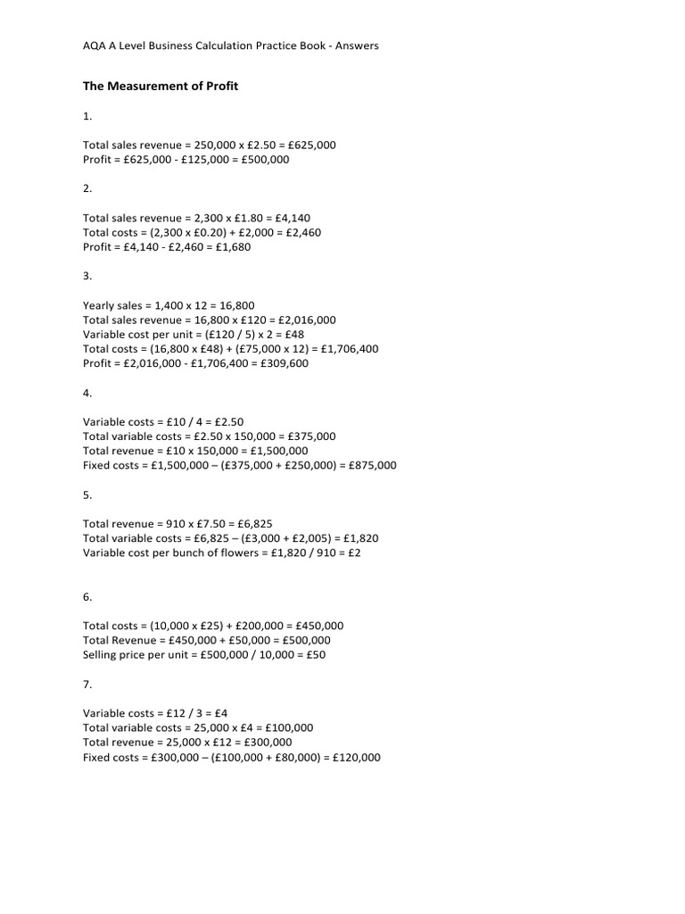 AQA Calculation Practice Book Answers | PDF | Net Present Value | Demand