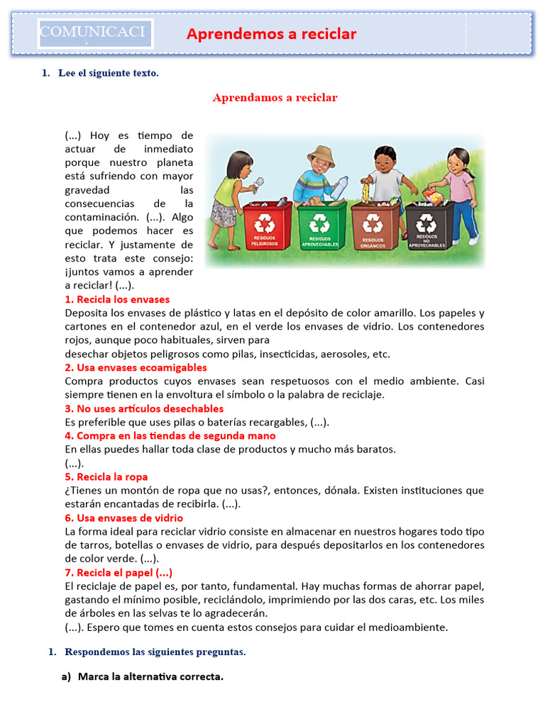 D1 A1 FICHA COM. Aprendemos A Reciclar | PDF
