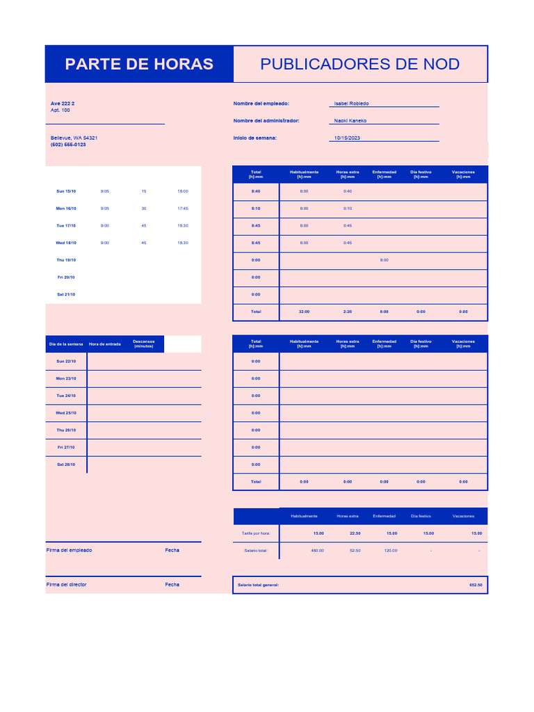 Planilla de Horas Trabajadas Semanal | PDF