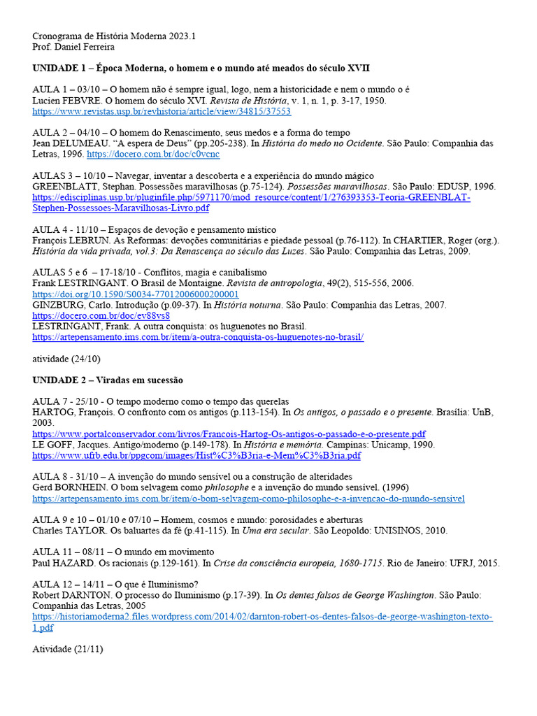 Cronograma de Hist - Ria Moderna 2023.2 | PDF | Antropologia cultural