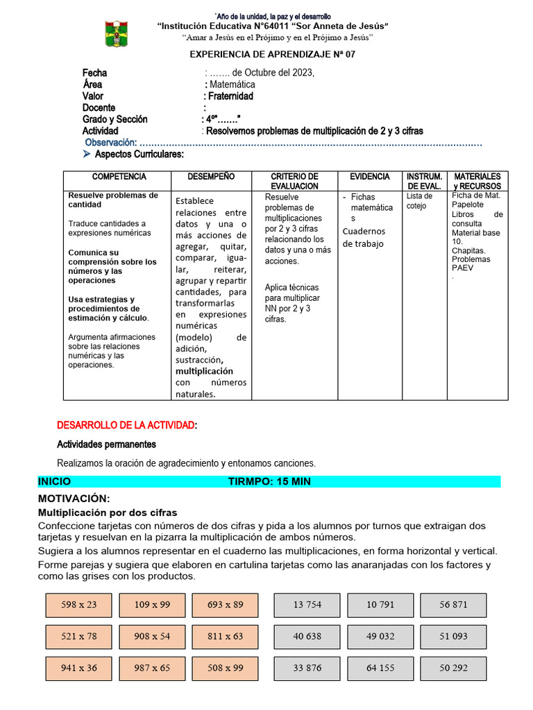 Sesion MATE - PROBLEMAS DE MULT DE 2 Y 3 CIFRAS | PDF | Multiplicación ...