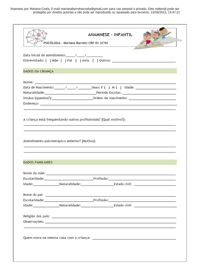 Anamnese Infantil | Download grátis PDF | Família