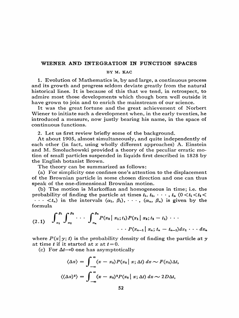 Mark Kac Wiener And Integration In Function Spaces Pdf Brownian