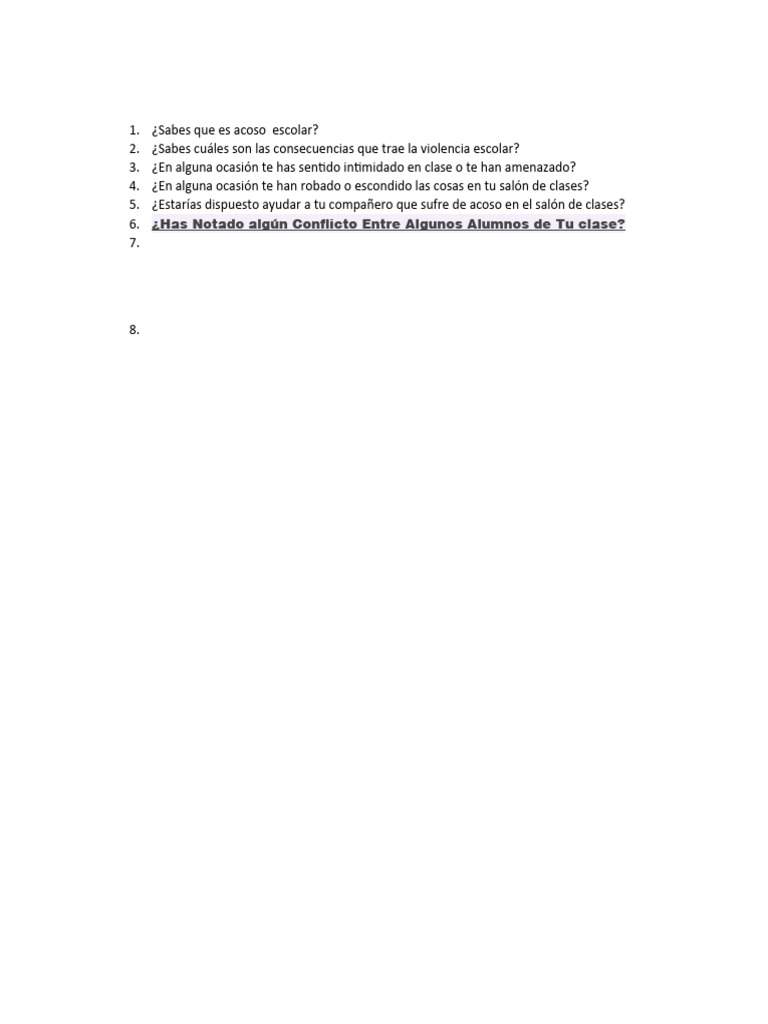 Preguntas sobre acoso escolar y bullying | PDF | Salud y bienestar