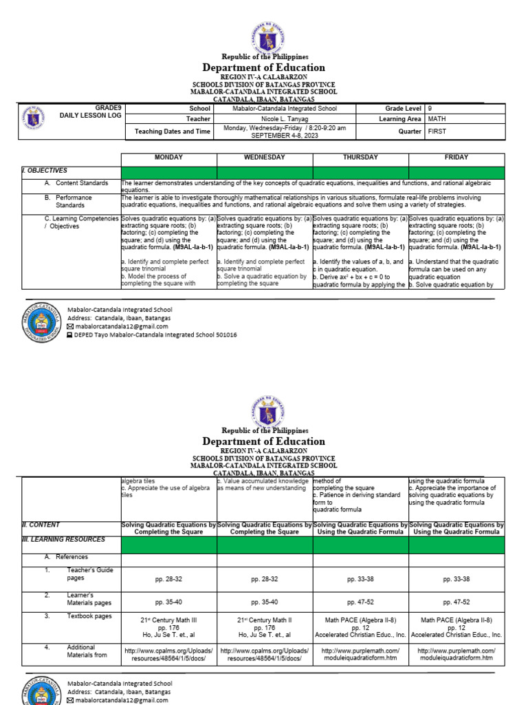 DLL-WK 2-LC 2 | PDF | Quadratic Equation | Equations