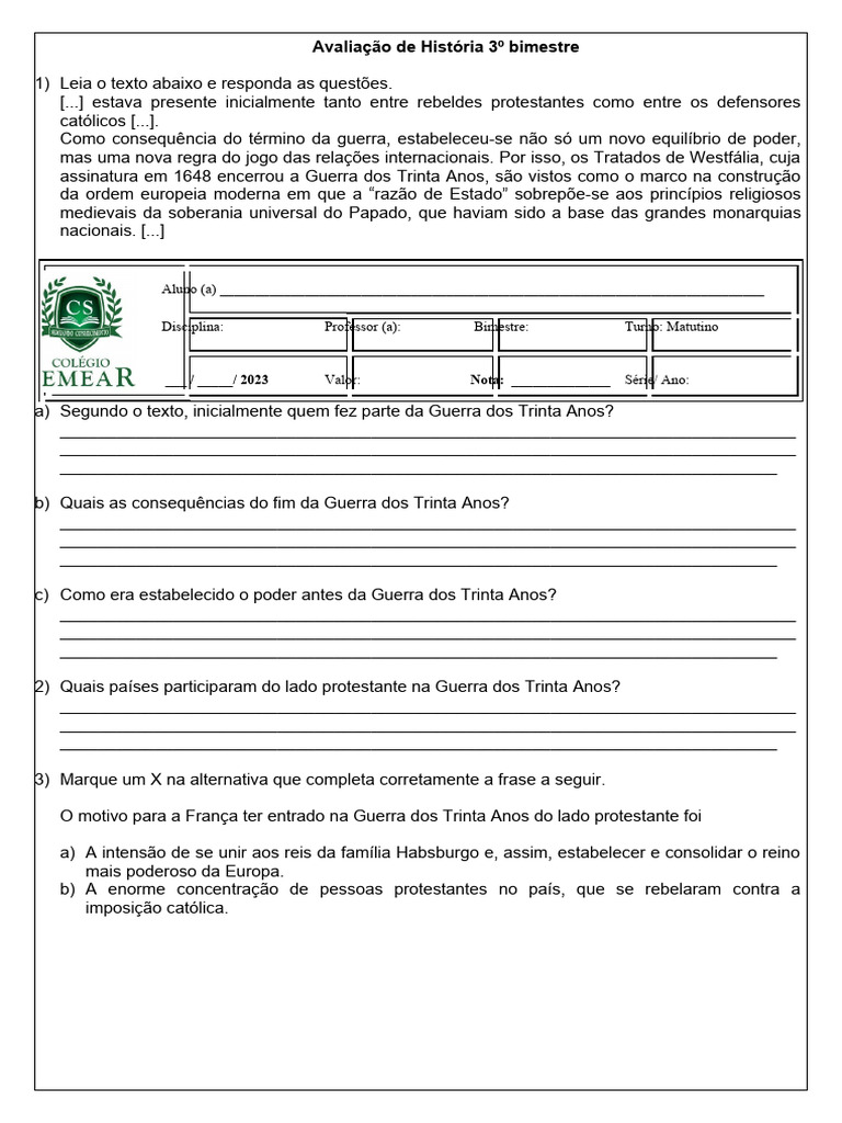 Avaliação de História 7 Ano | PDF | Europa | Protestantismo