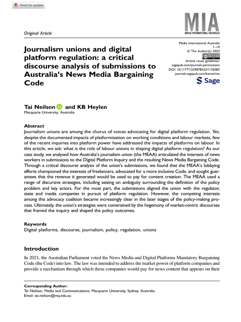 Neilson Heylen 2023 Journalism Unions and Digital Platform Regulation A ... Neilson Heylen 2023 Journalism Unions and Digital Platform Regulation A ...