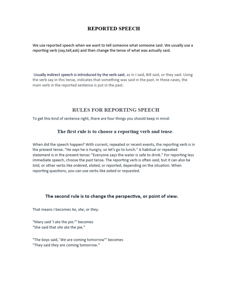 Reported Speech: Rules For Reporting Speech | PDF | Language Arts ...