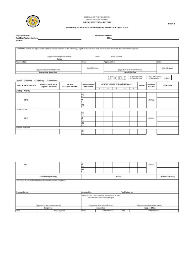 Annex B Ipcr Form (New) | PDF | Public Finance | Economies