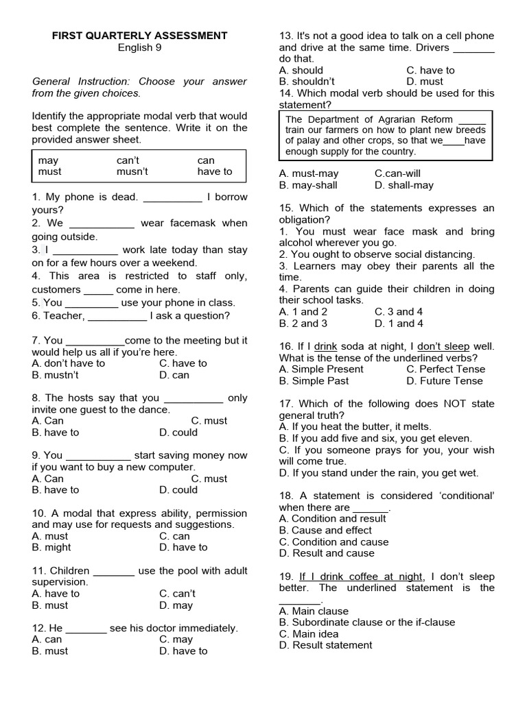 First Quarterly Assessment | PDF | Communication | Verb