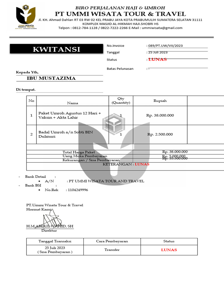 Invoice Pembayaran Umroh Lunas | PDF