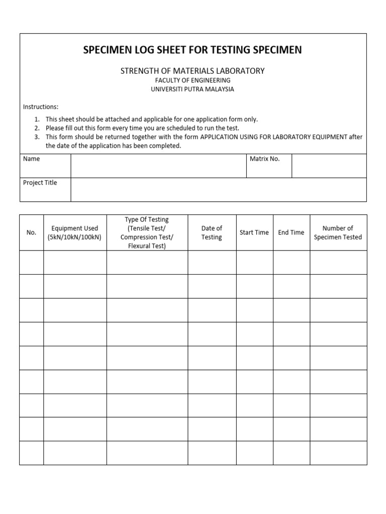 Specimen Log Sheet for Testing | PDF
